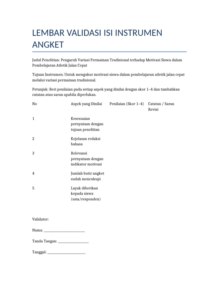 Lembar Validasi Instrumen Motivasi | PDF
