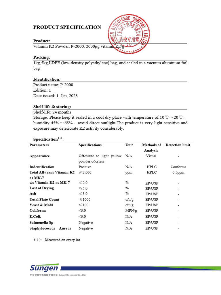 Vitamin K2 Powder Specifications | PDF