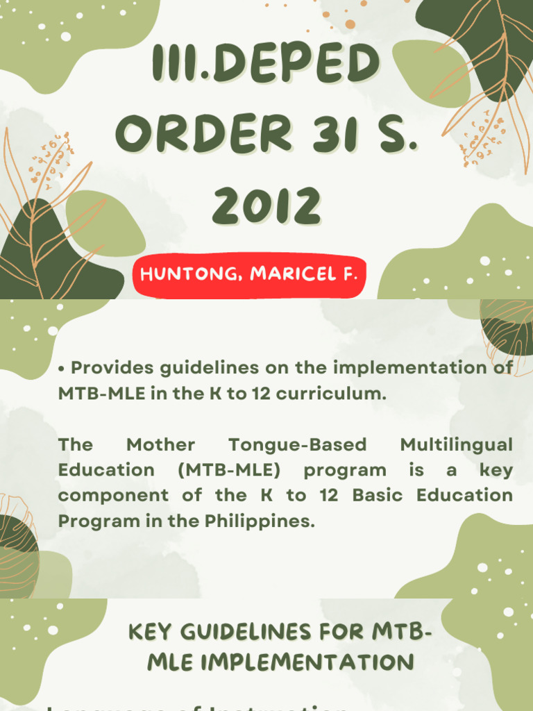 MTB-MLE Guidelines for K to 12 Education | PDF