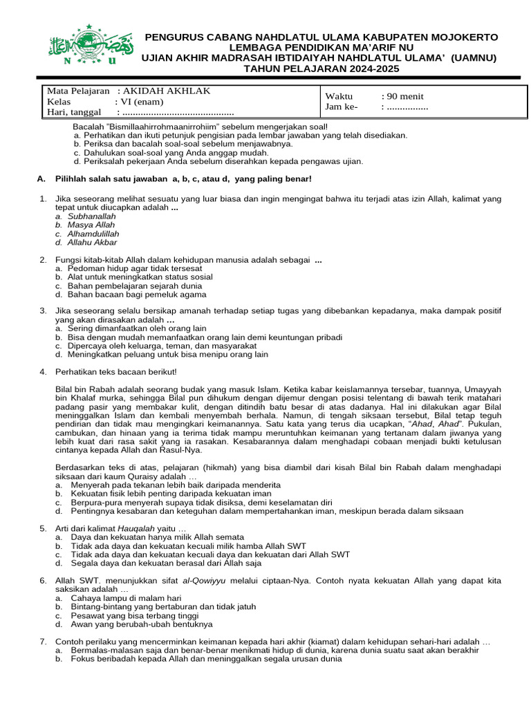 Soal Akidah Akhlak Uamnu 2024-2025 .Udak Ok | PDF