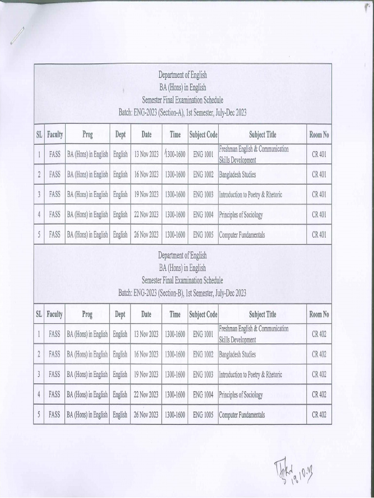 Semester Final Exam Routine July Dec 2023 | PDF