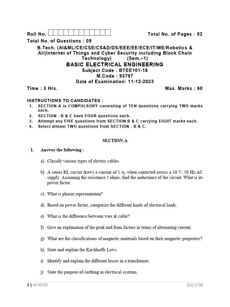 Dec 2023 BEE PTU Question Paper With Answers | PDF | Electromagnetic ...