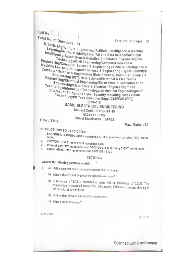 July 2022 BEE PTU Question Paper With Answers | PDF