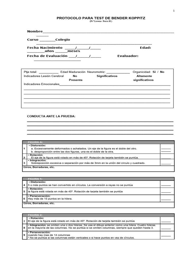 Protocolo para Test de Bender Koppitz - Compress | PDF | Rotación ...
