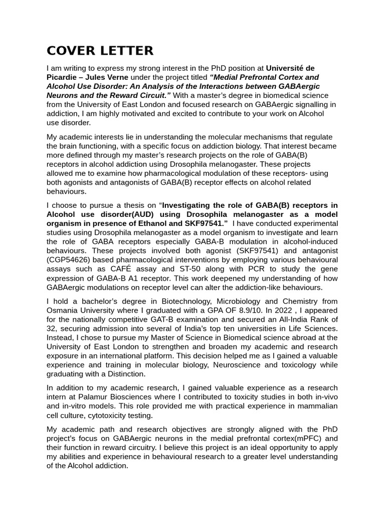 COVER LETTER - Jules Verne | PDF | Reward System | Receptor Antagonist