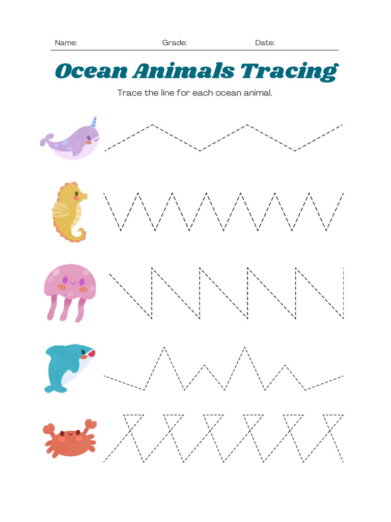 Pre-Writing Practice Worksheet with Ocean Animals in Illustrative Style ...