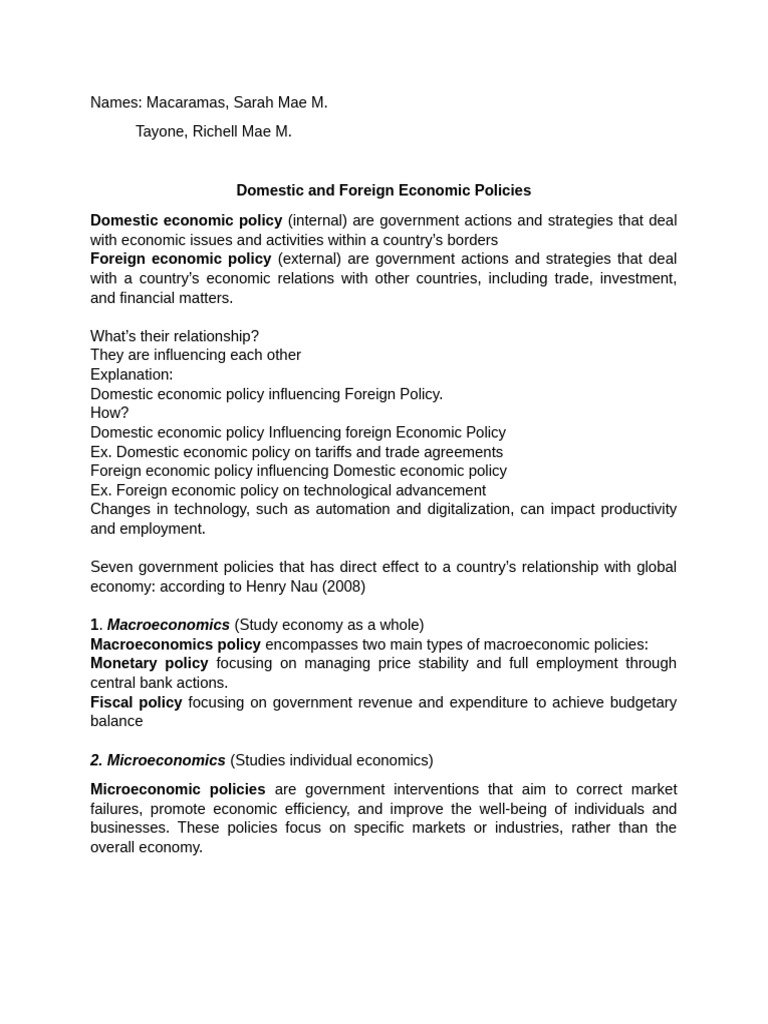 Domestic and Foreign Economic Policies | PDF | Economic Policy ...