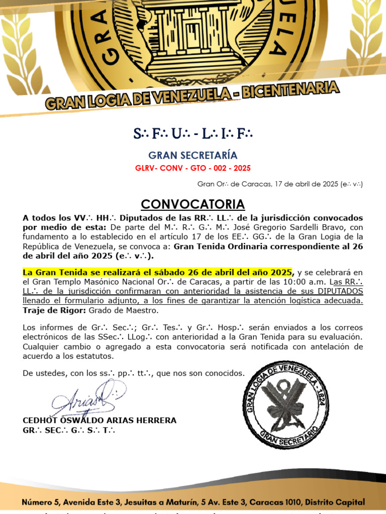 Convocatoria Gran Tenida 26 - 04 - 2025 | PDF