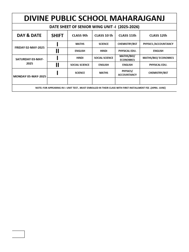 Senior Wing Unit-I Date Sheet 2025 | PDF