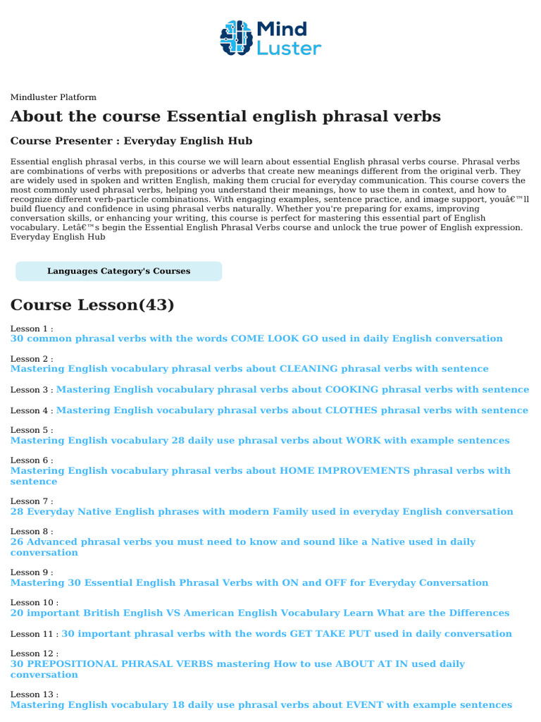 Essential English Phrasal Verbs Course Content | PDF | English Language ...