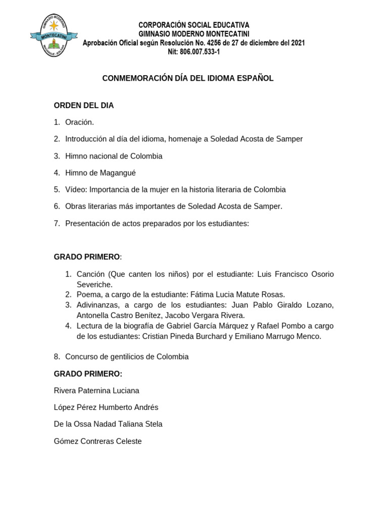 Conmemoración Día del Idioma Español | PDF | Colombia