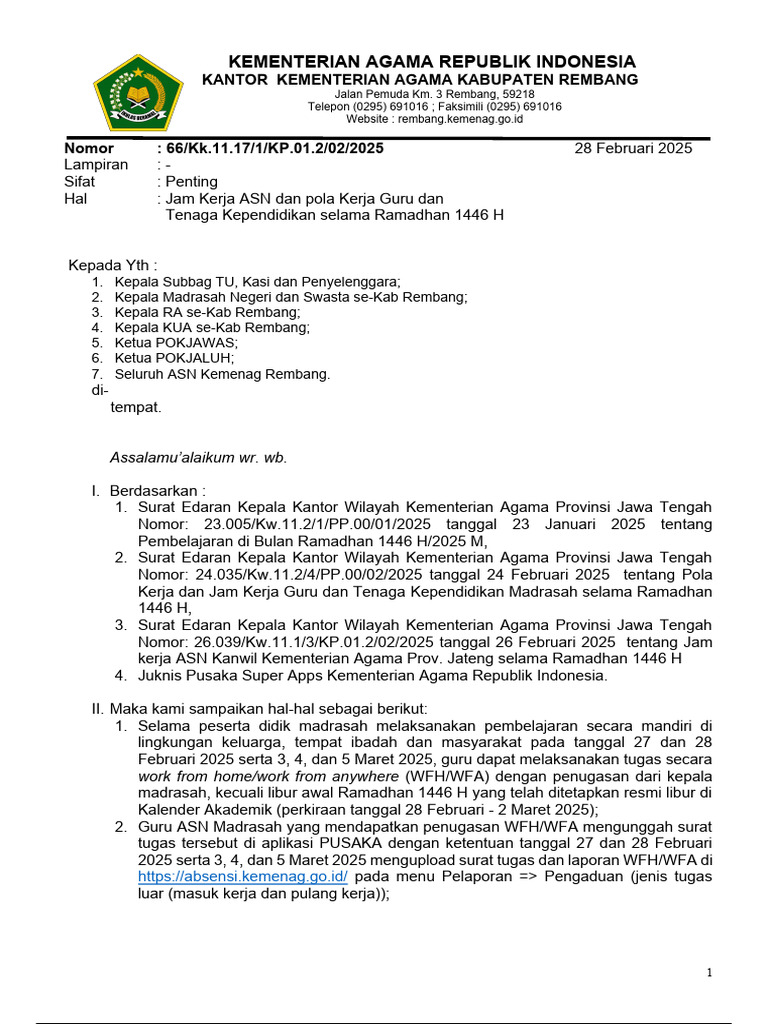 20250228102916contoh Pengatar Jam Kerja Romadhon Full 2025 - Tte | PDF