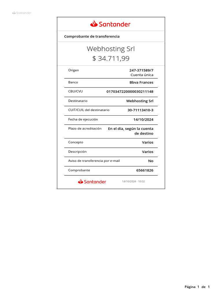 Comprobante de Transferencia Webhosting Srl | PDF