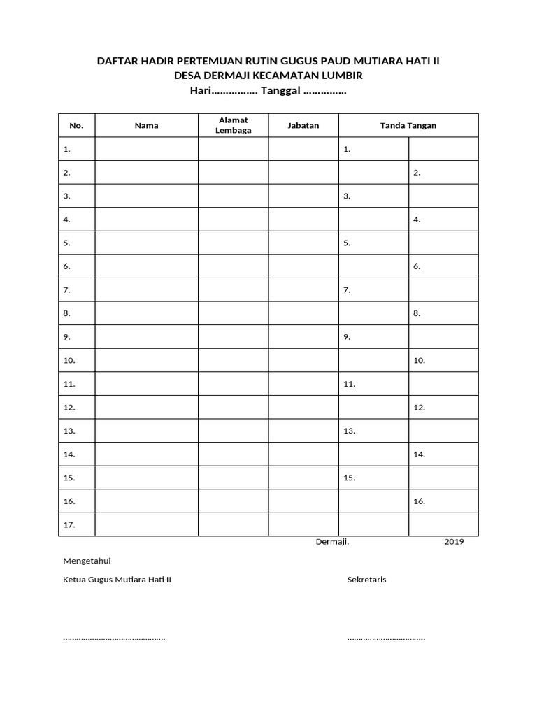 Daftar Hadir Pertemuan Rutin Gugus Paud Mutiara Hati Ii | PDF