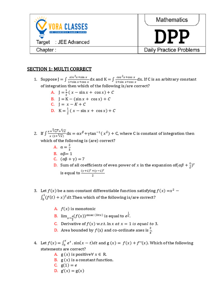 JEE Advanced DPPs Math DPPs Integration DPP Advpdf Kshitij | PDF | Function (Mathematics ...