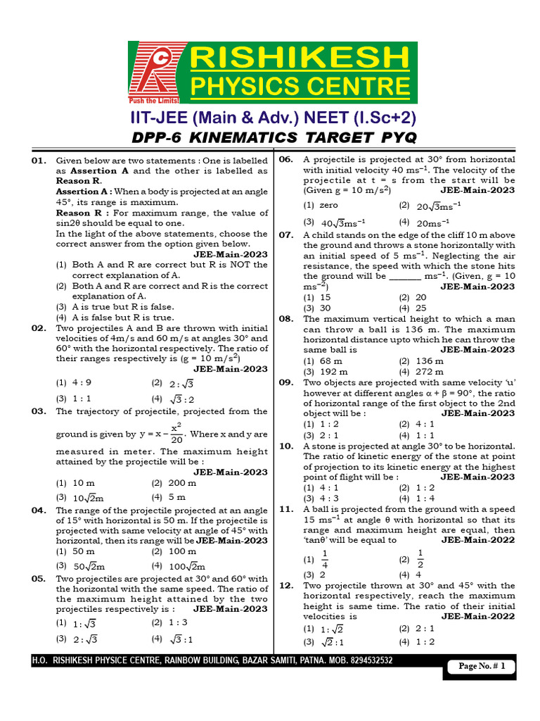 Dpp-6 Kinematics Target Pyq-05!06!2024 Youtube - PMD | PDF | Projectiles | Physical Quantities