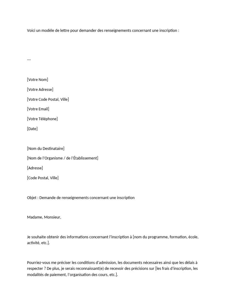 Lettre de Renseignement Inscription | PDF