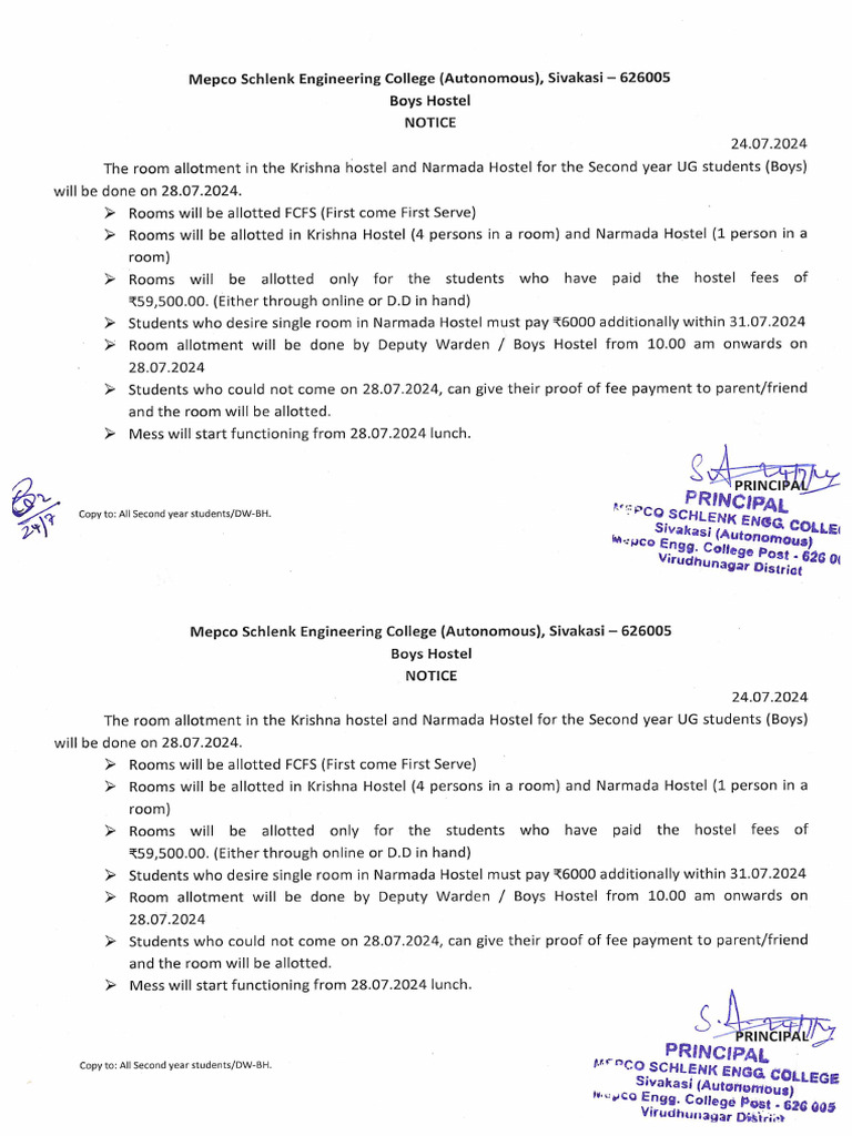 Room Allotment Boys Hostel | PDF
