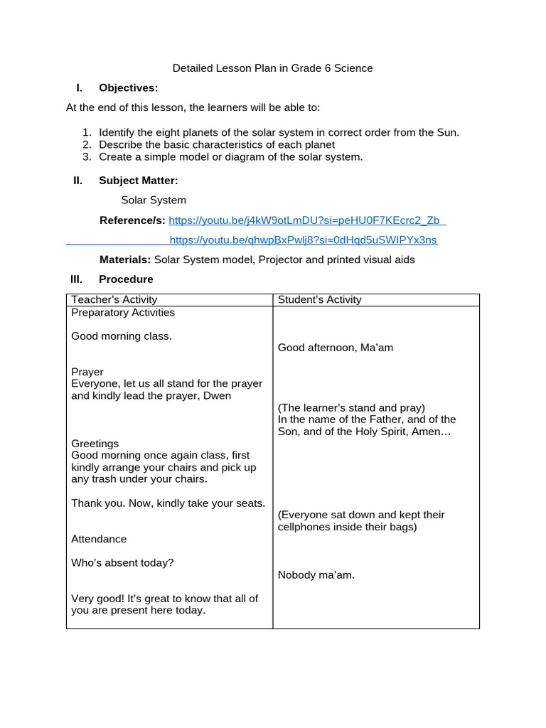 Grade 6 Solar System Lesson Plan | PDF | Planets | Jupiter