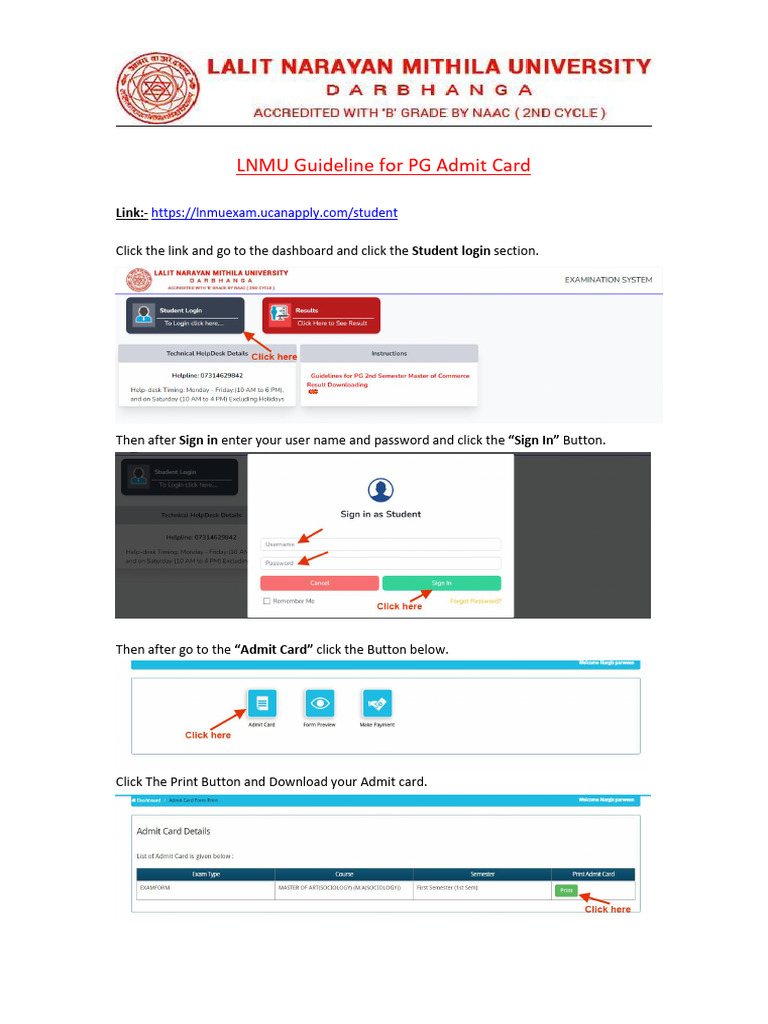 LNMU PG Admit Card Instructions | PDF