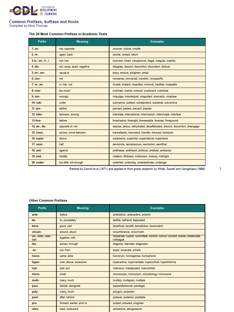 Common Prefixes, Suffixes, and Roots | PDF