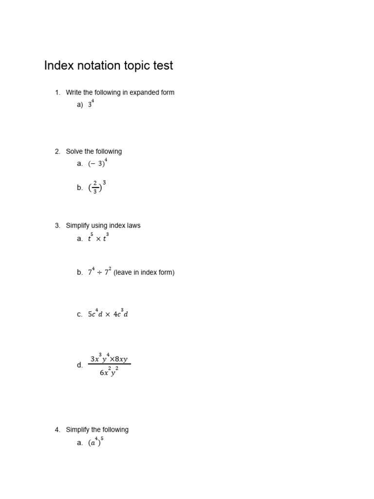 Index Notation Practice Test | PDF