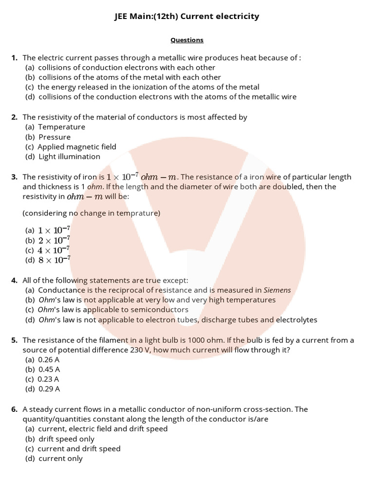 JEE Main: (12th) Current Electricity: Questions | PDF | Electrical ...