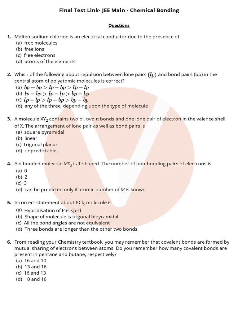 Final Test Link-JEE Main - Chemical Bonding: Questions | PDF | Chemical ...