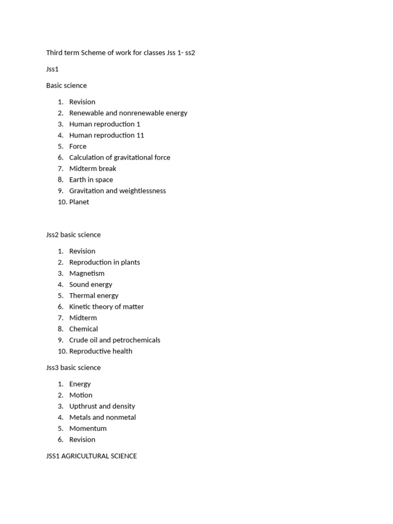 Third Term Scheme of Work For Classes Jss 1 | PDF | Soil | Agriculture
