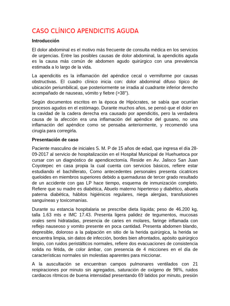 Caso Clínico Apendicitis Aguda | PDF | Enfermedades y trastornos humanos | Medicina CLINICA