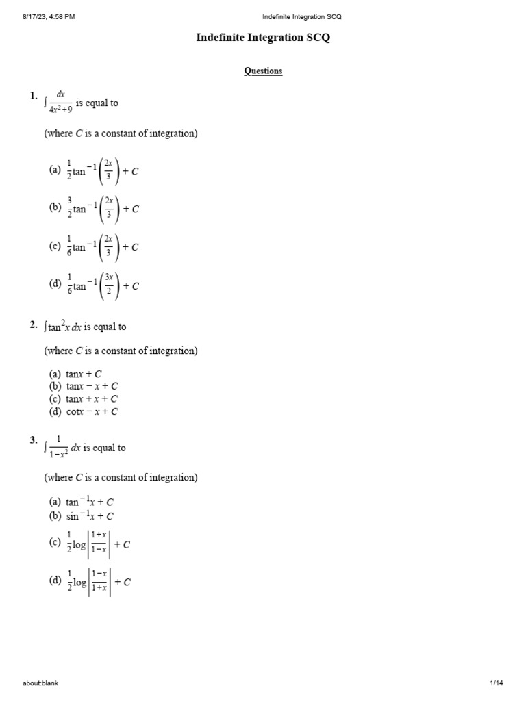 Indefinite Integration SCQ 620f89f4fce67472e7cd08ea | PDF ...