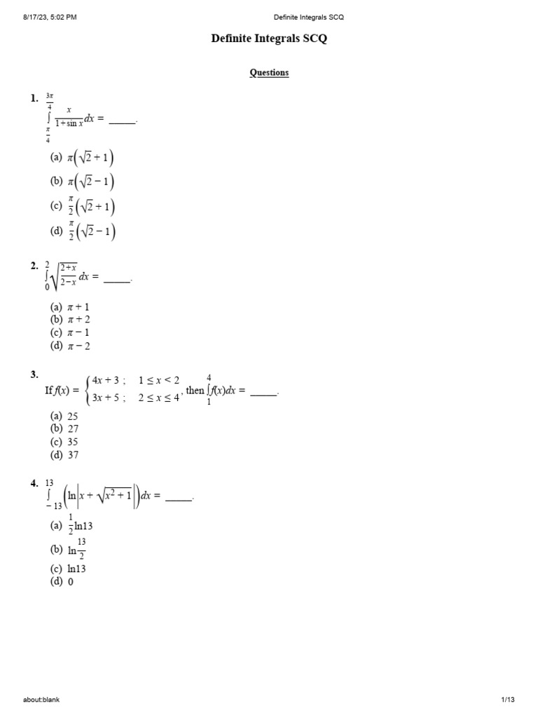Definite Integrals SCQ 620f8ea2fce67472e7cd65eb | PDF | Mathematics | Mathematical Analysis