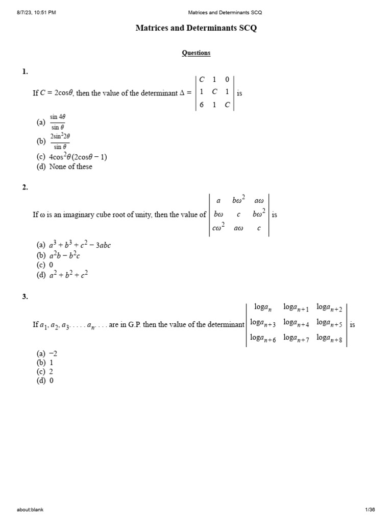 Matrices and Determinants SCQ 62050fb3d451c92118f4ecee | PDF ...