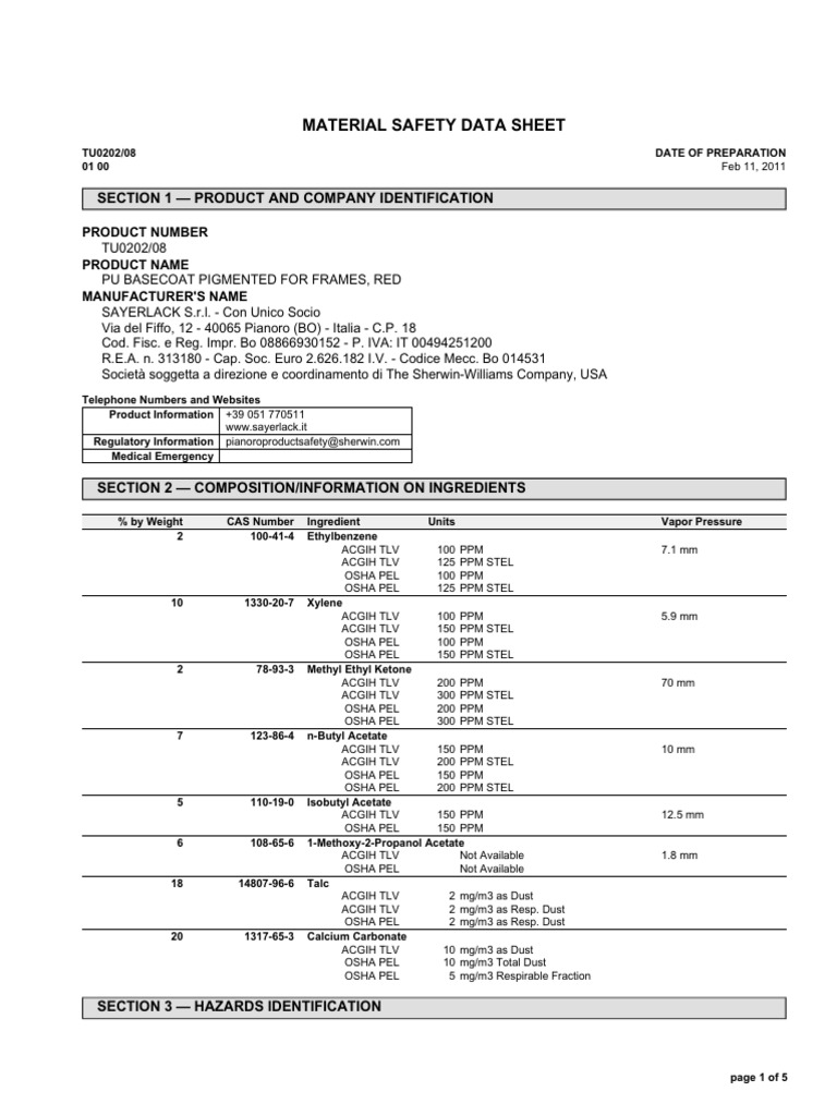 MATERIAL SAFETY DATA SHEET - Paint & Lacquer Company | PDF | Solvent ...