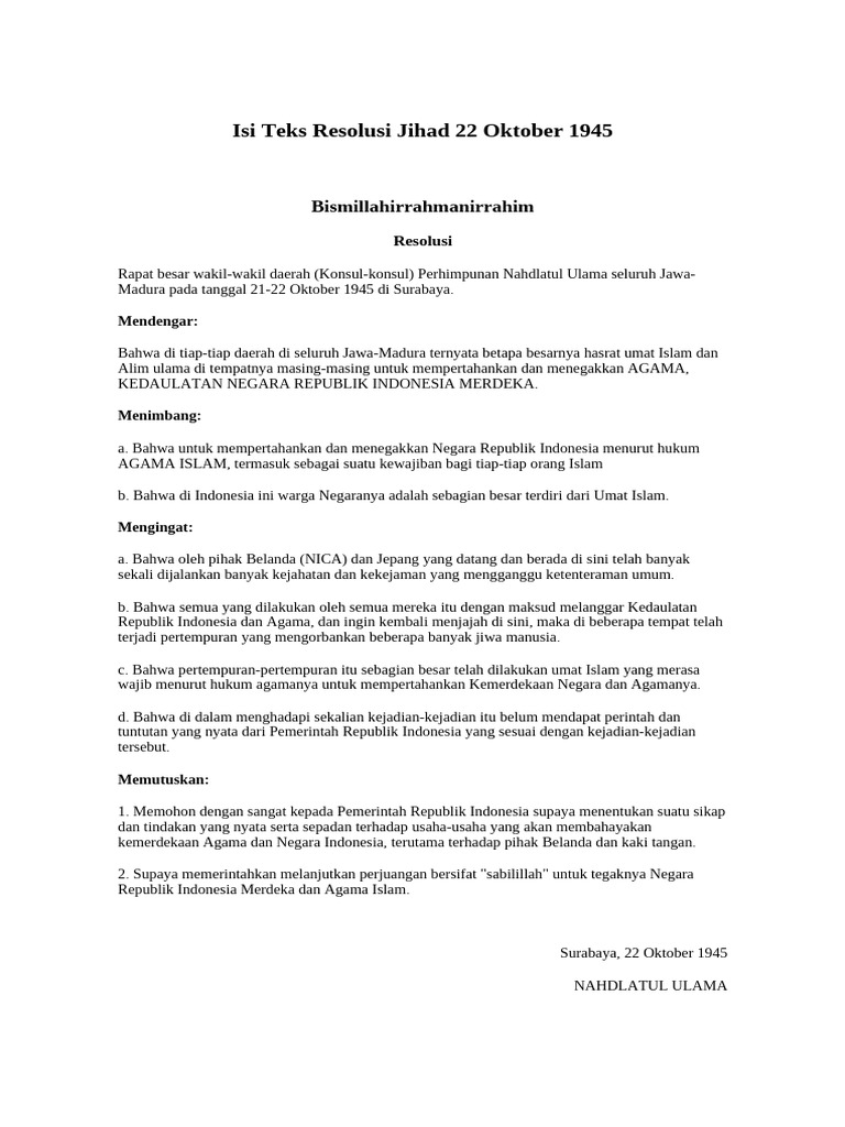 Isi Teks Resolusi Jihad 22 Oktober 1945 | PDF
