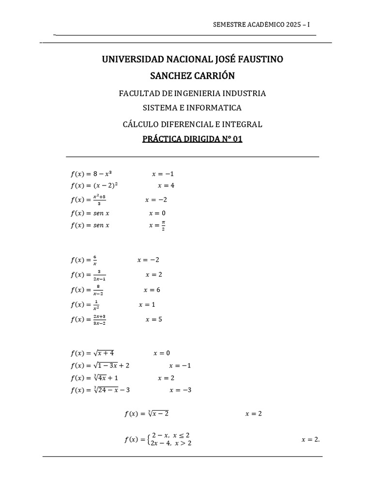 Práctica Dirigida 01. Cálculo DIF E INT | PDF | Análisis | Calculo diferencial