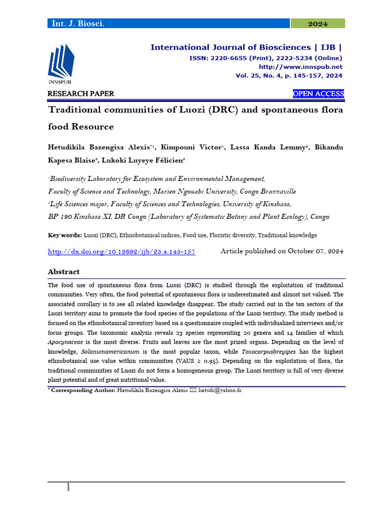 Traditional Communities of Luozi (DRC) and Spontaneous Flora Food ...