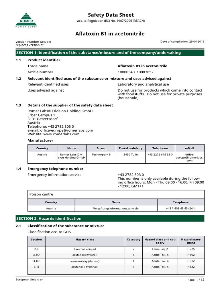 SDS 10000340 10003652 Aflatoxin B1 in Acetonitrile EU GHS 1 0 Msds ...
