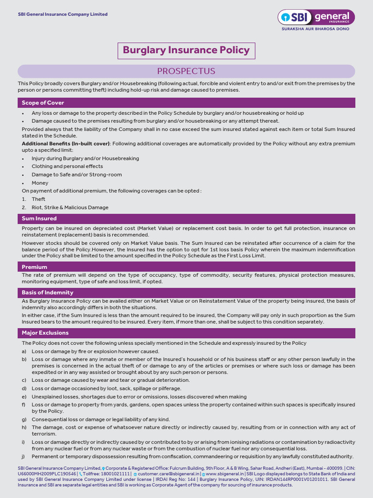 Burglary Insurance Policy: Prospectus | PDF | Insurance | Burglary