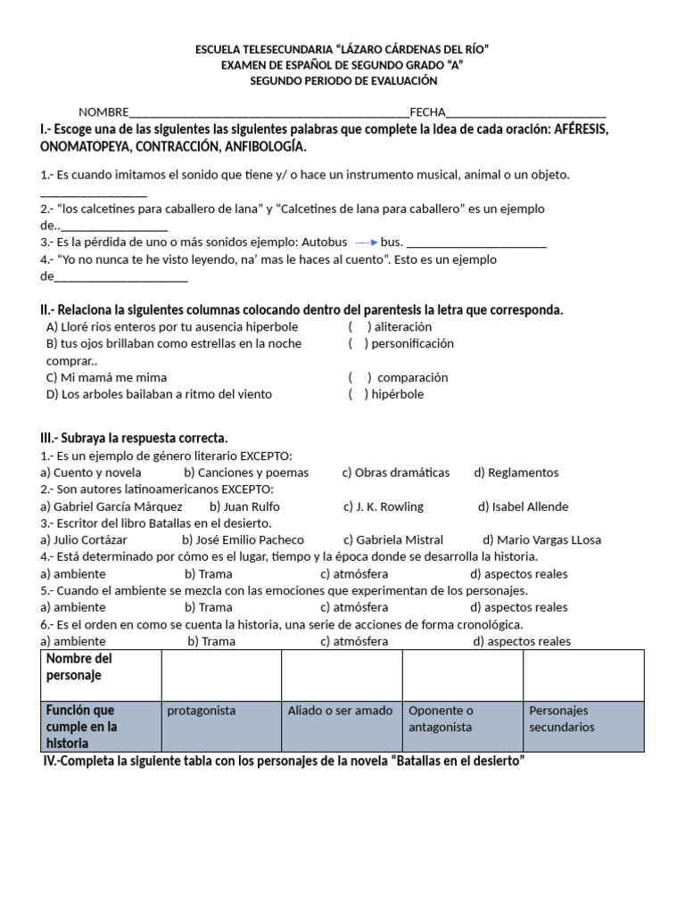 Español Segundo Periodo Examen | PDF