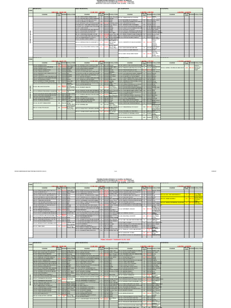 Revised Final Examinations Timetable Semester II 2024-2025 | PDF
