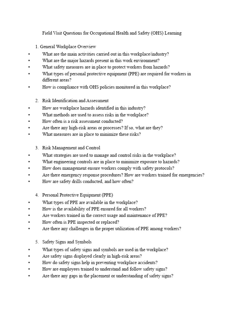 Field Visit Questions For OH&S | PDF | Occupational Safety And Health ...