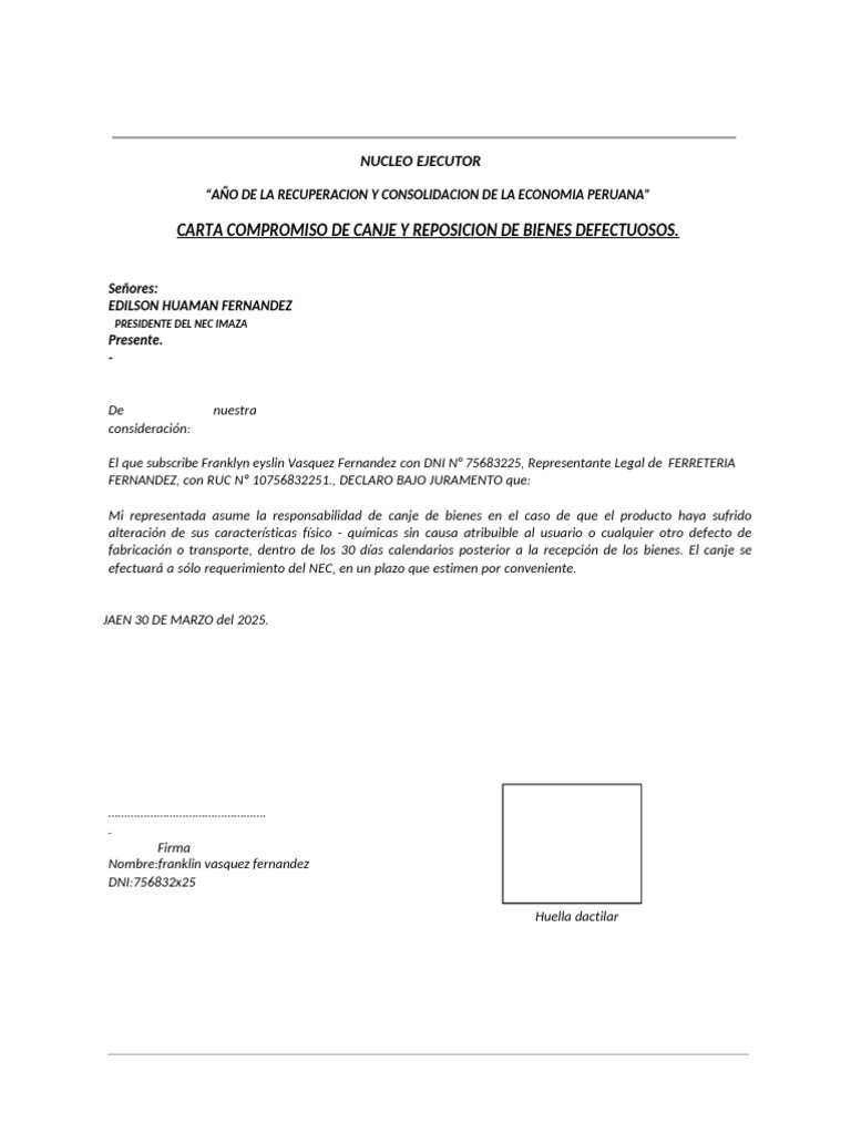 Carta de Compromiso de Canje y Reposicion Imaza | PDF