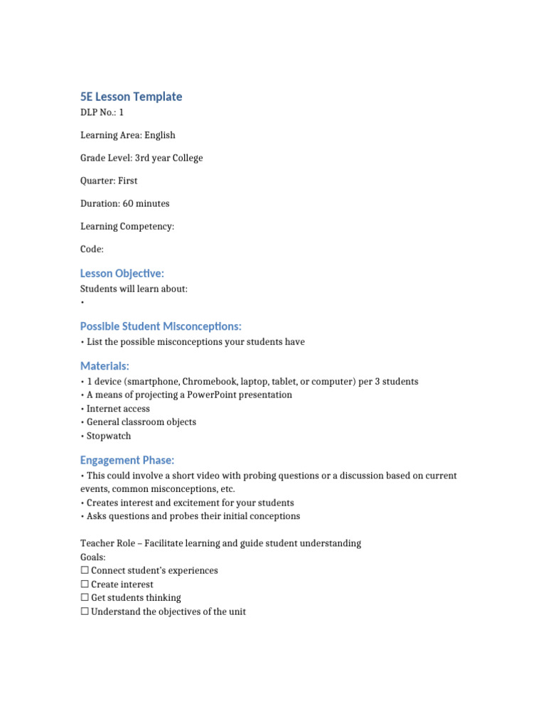 5E Lesson Template Editable | PDF | Teachers | Learning