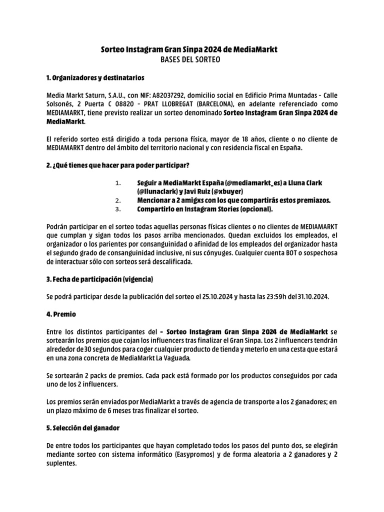 Bases Legales Sorteo IG GranSinpa2024 | PDF