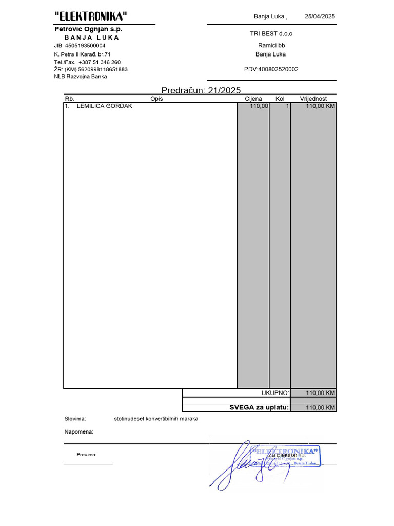 Tri Best Predračun 21-2025 | PDF