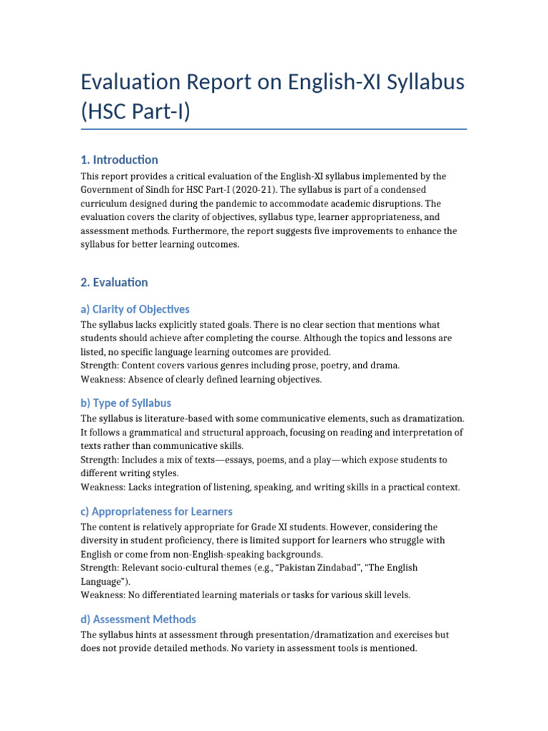 English XI Syllabus Evaluation | PDF | Educational Assessment | Evaluation