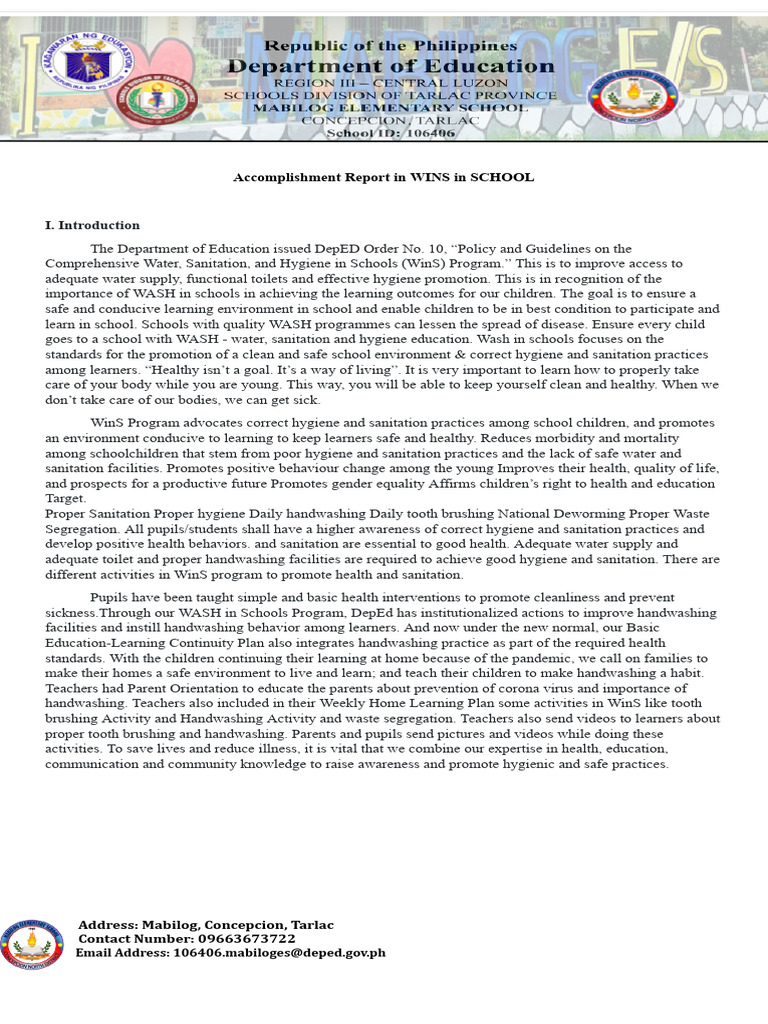 WINS Program Accomplishment Report | PDF | Hand Washing | Wash
