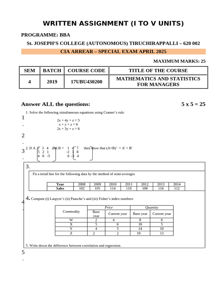 BBA Mathematics & Statistics Exam Guide | PDF