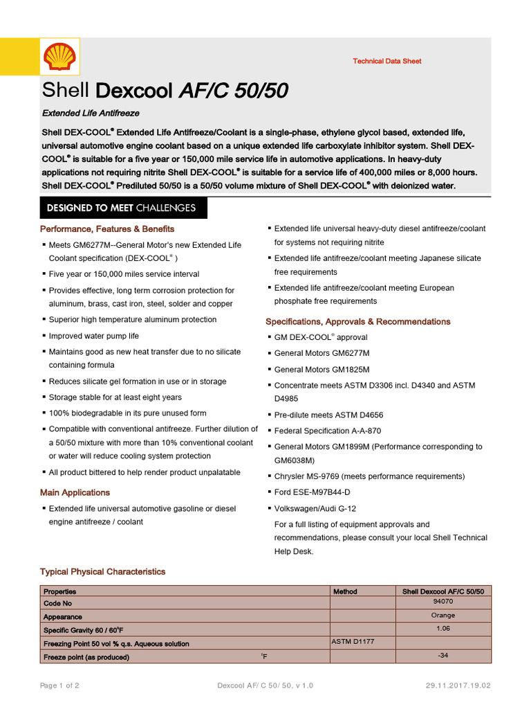 Shell Dexcool Antifreeze Coolant 50 - 50 Datasheet | PDF | Chemical ...